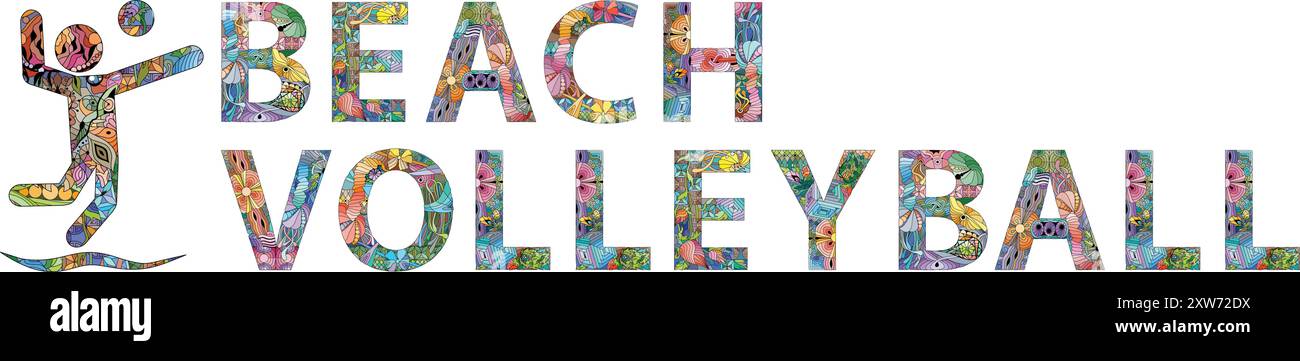 Hand-painted art design. Hand drawn illustration words BEACH VOLLEYBALL ...