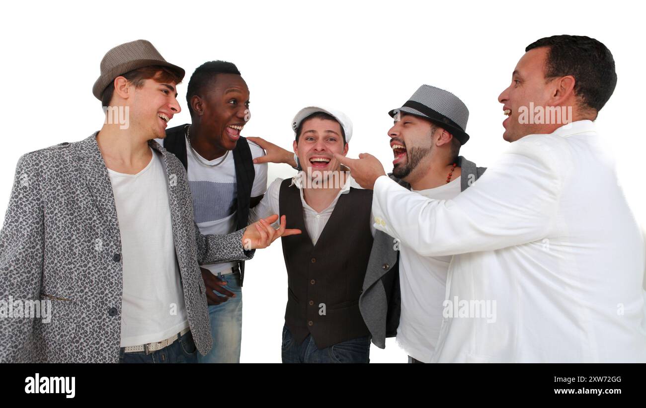 multiethnic group of cheerful stylish men on white background Stock ...