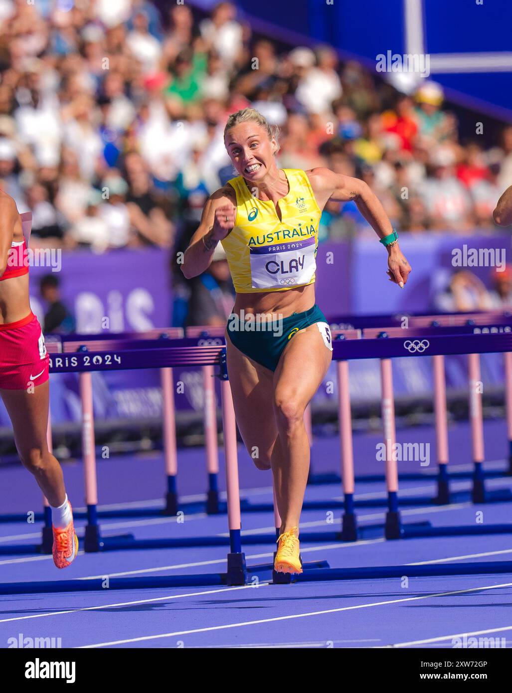 Liz Clay participating in the 100 meters hurdles at the Paris 2024 ...