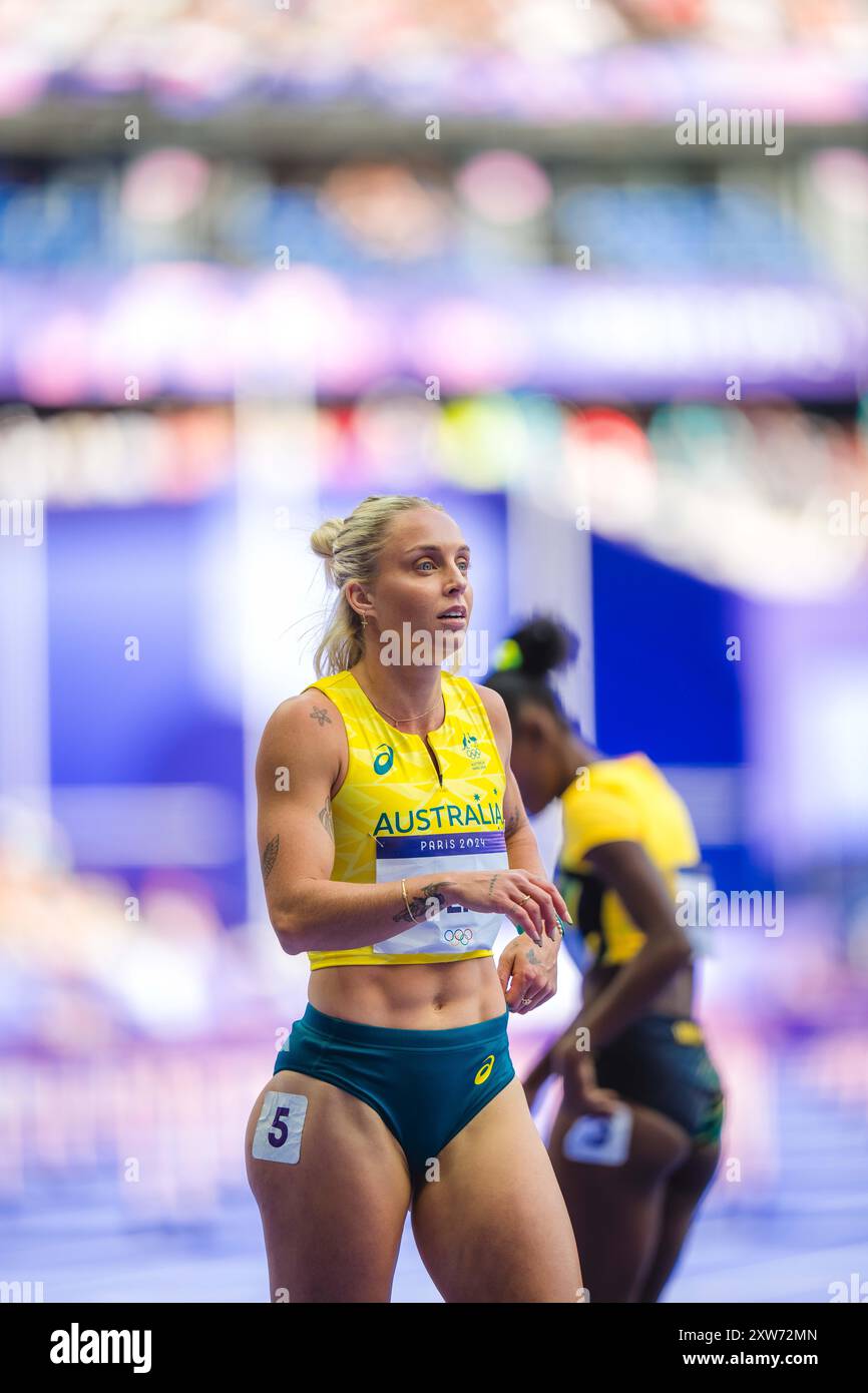 Liz Clay participating in the 100 meters hurdles at the Paris 2024 ...