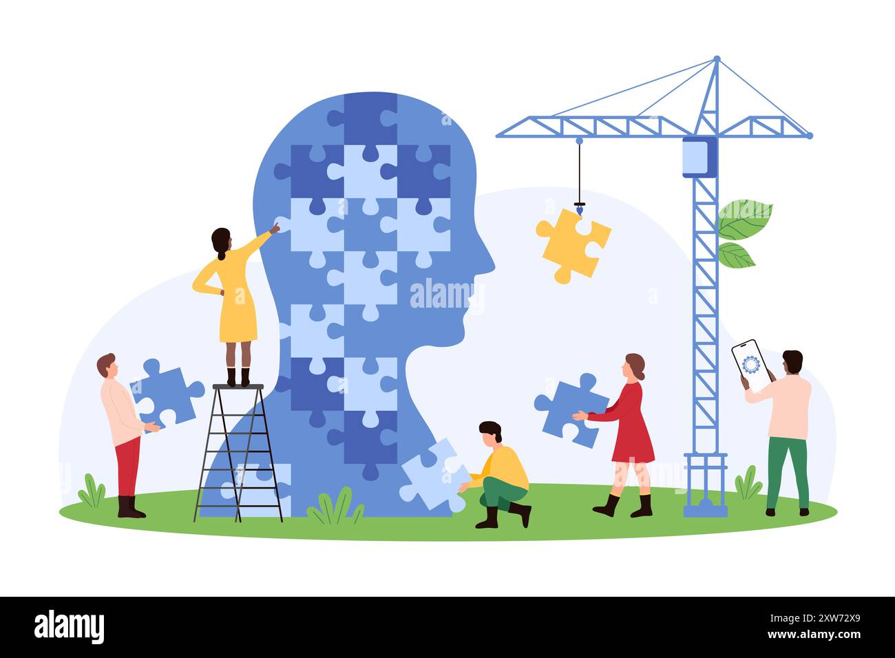 Vector illustration depicting people assembling a human head puzzle ...