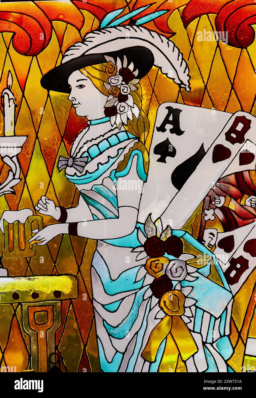 USA. ARIZONA. TUCSON. TOMBSTONE. STAINED GLASS WINDOW AT BIG NOSE KATE ...