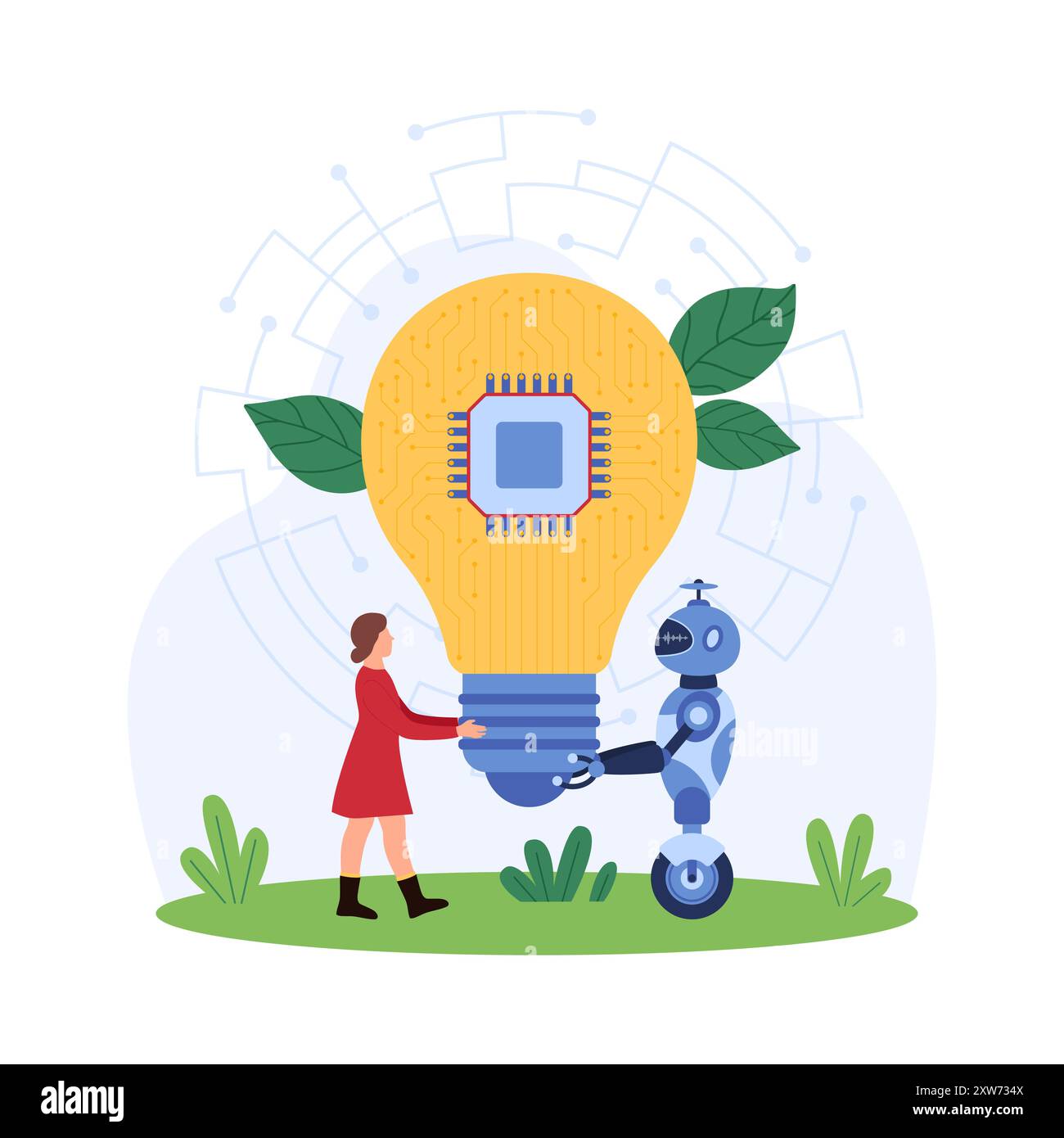 Human and robot working together to develop new ideas represented by a ...