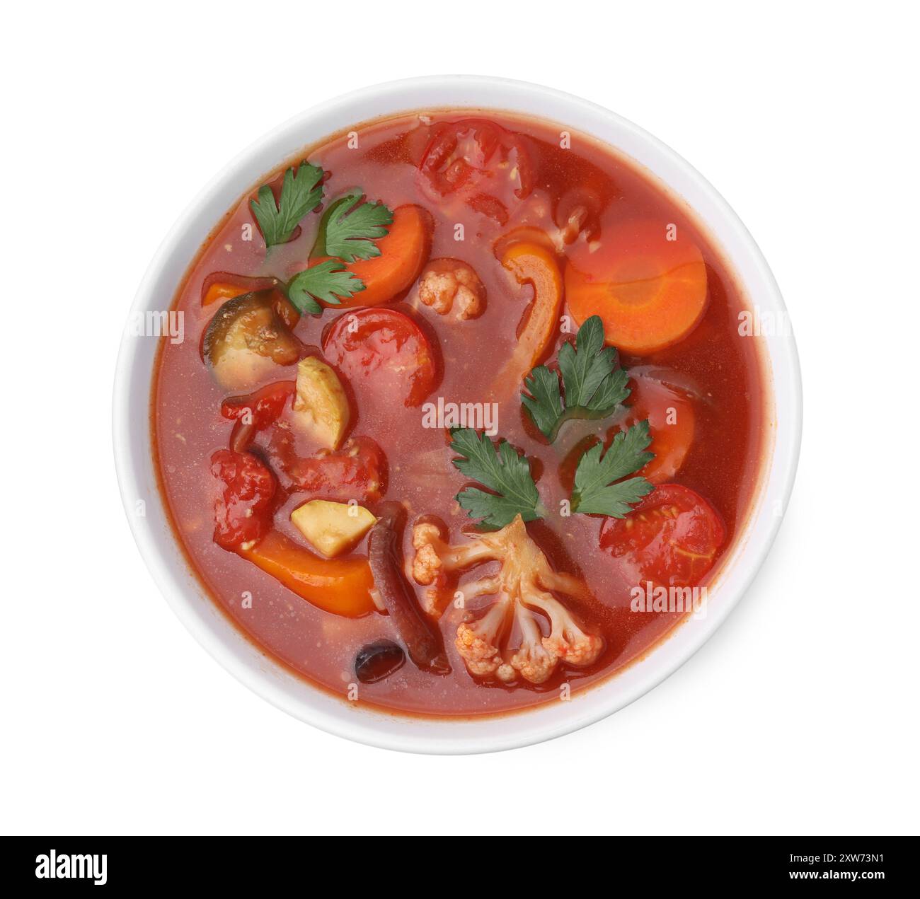 Delicious homemade stew in bowl isolated on white, top view Stock Photo ...