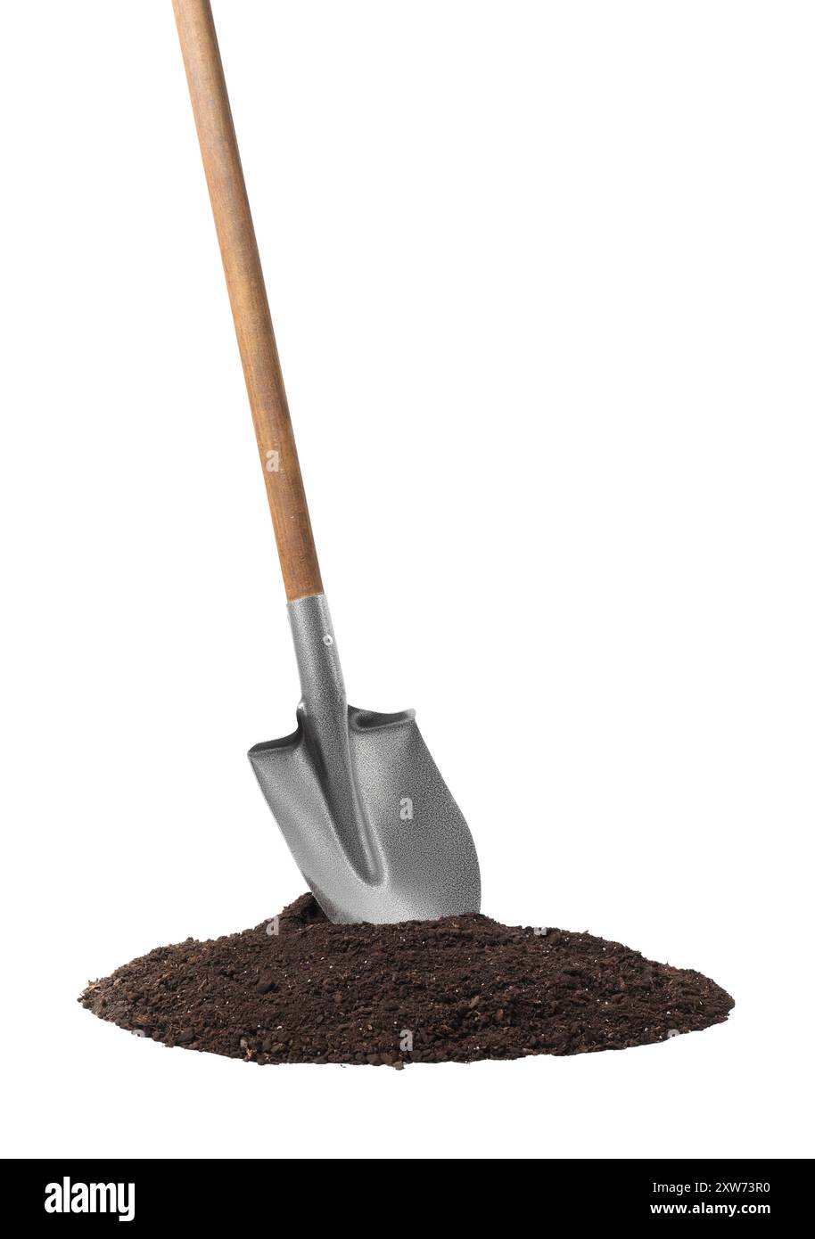 Metal shovel with wooden handle and pile of soil isolated on white ...