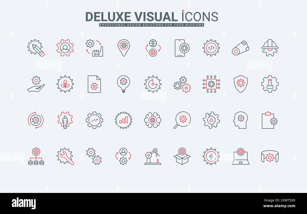 Factory gears, process automation in industry and robots line icons set ...