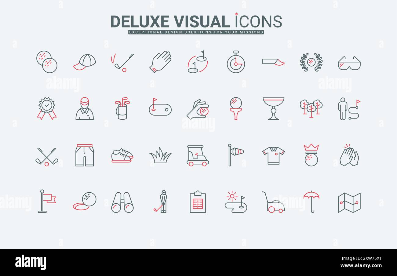 Golf tournament, equipment of golfer and car, course line icons set ...