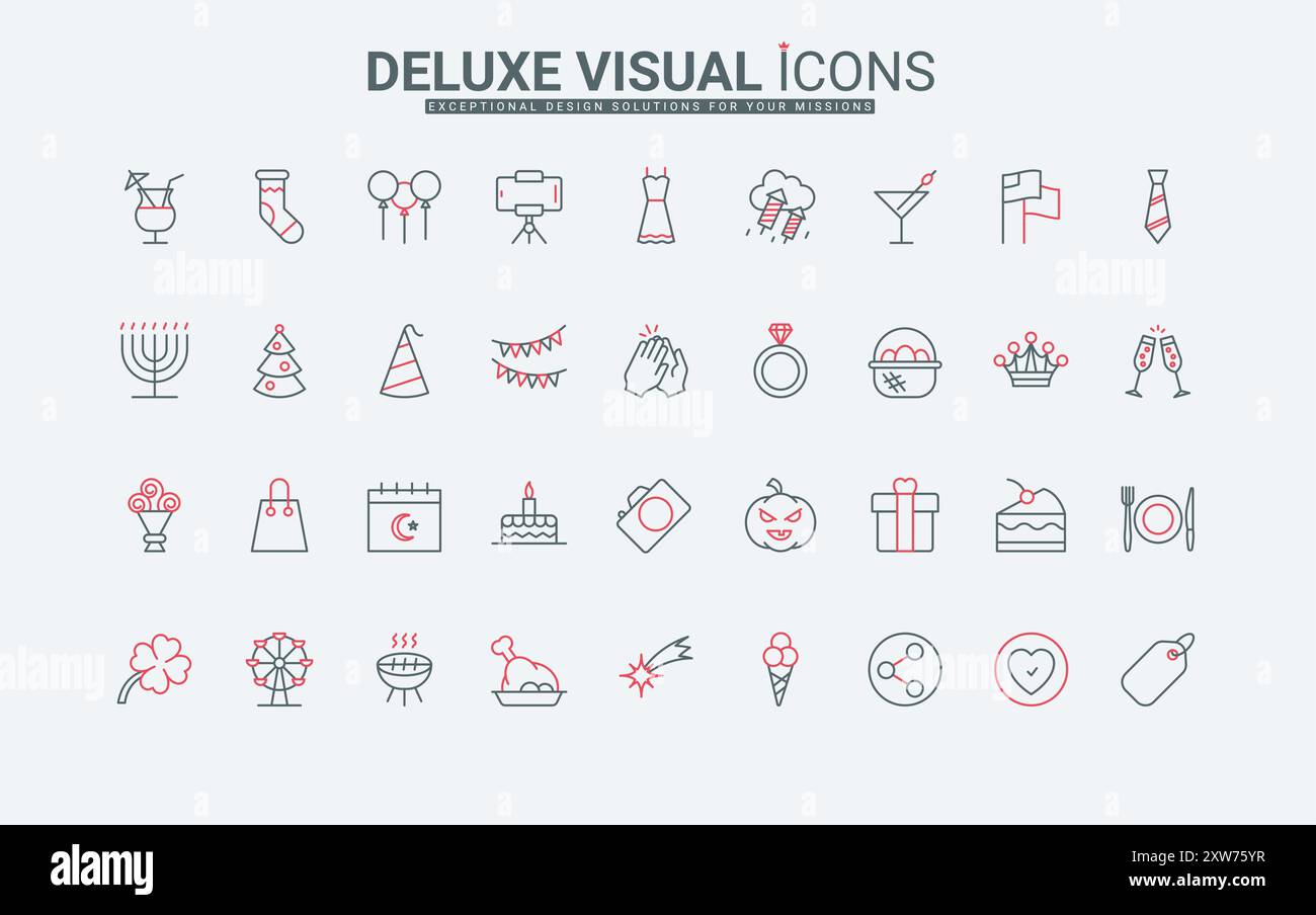 Fun party and holiday events line icons set. Christmas Tree and ...