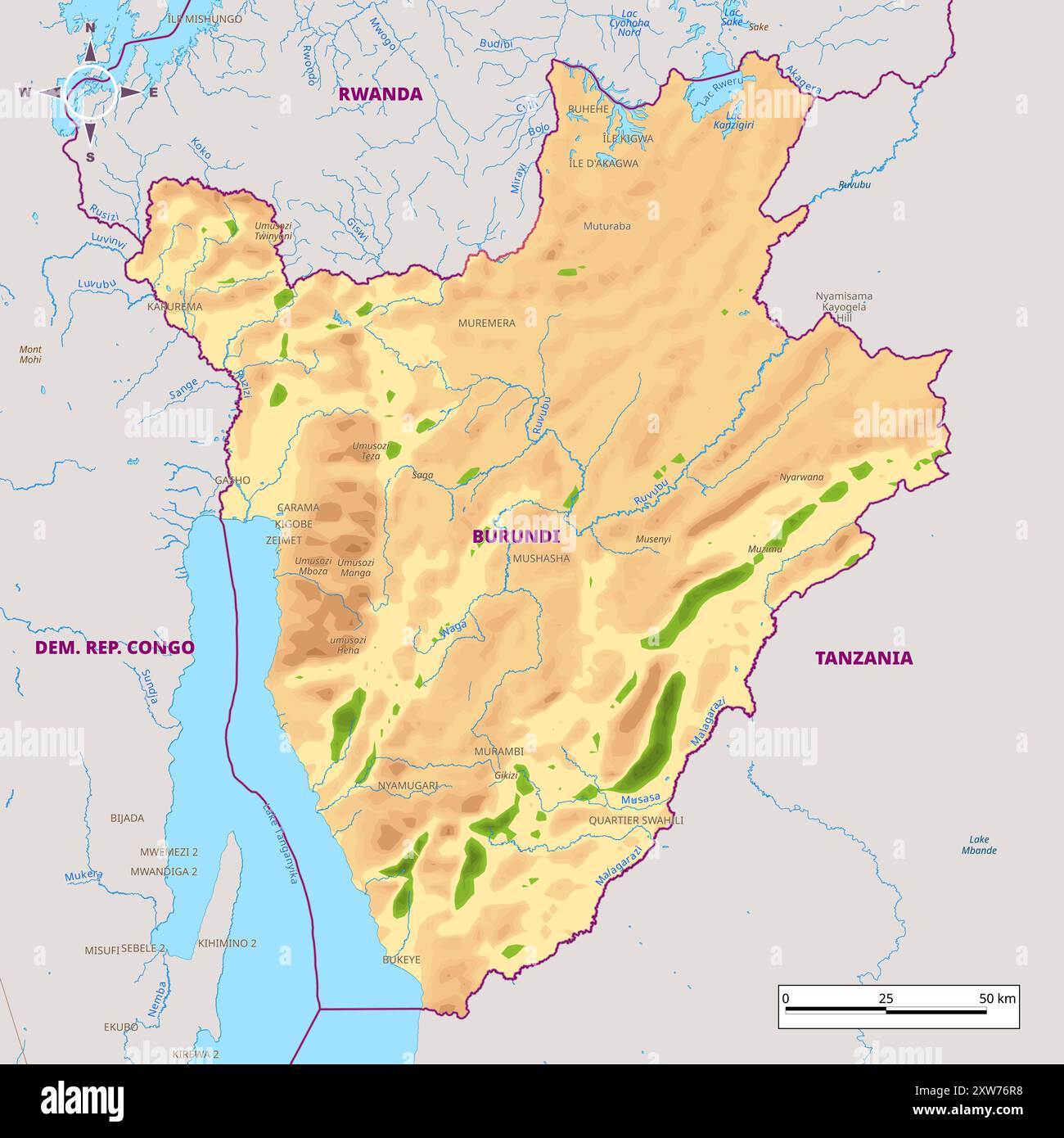 Detailed physical map of Burundi Stock Vector Image & Art - Alamy