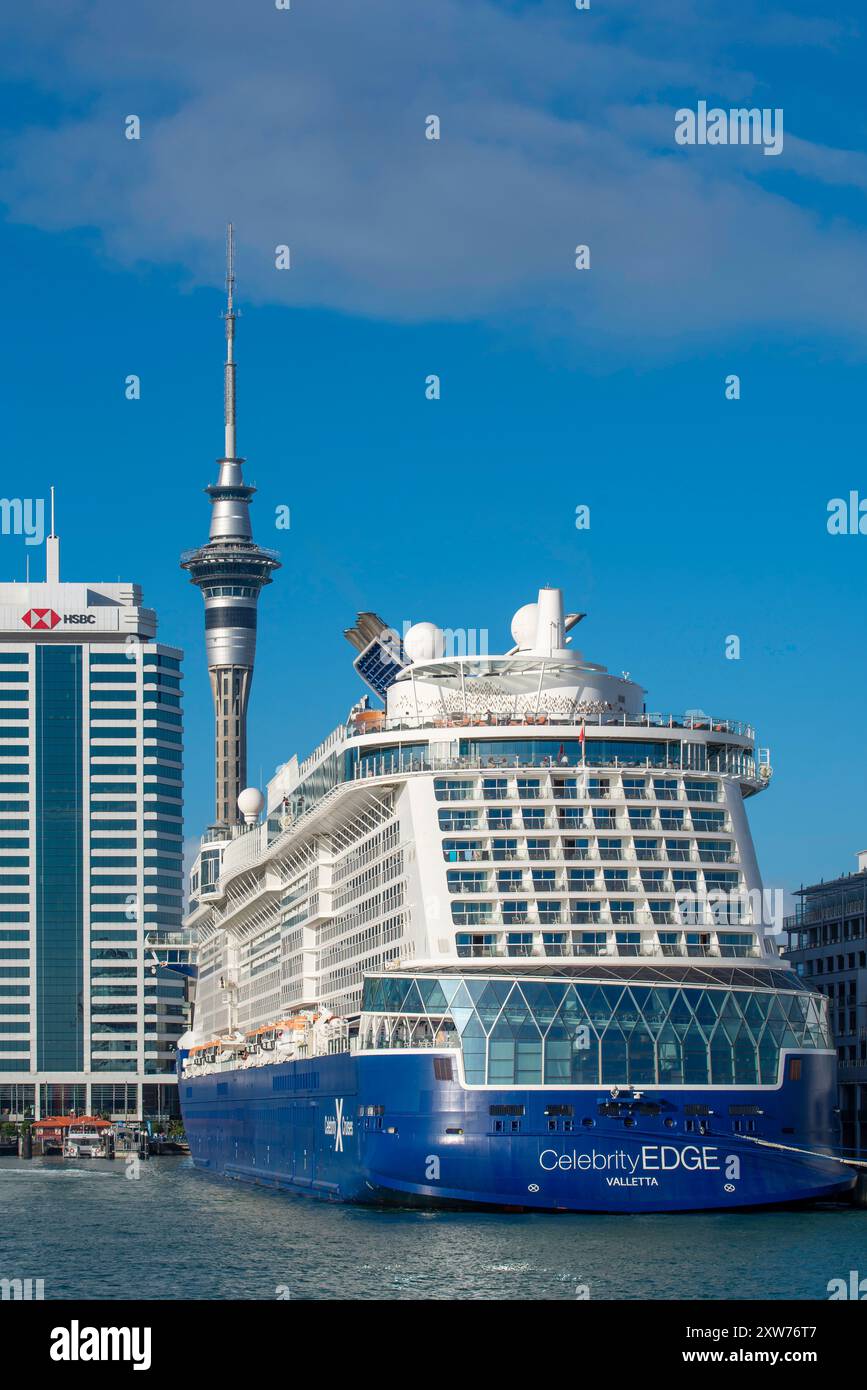 The cruise ship Celebrity Edge, moored in Auckland Harbour, New Zealand ...