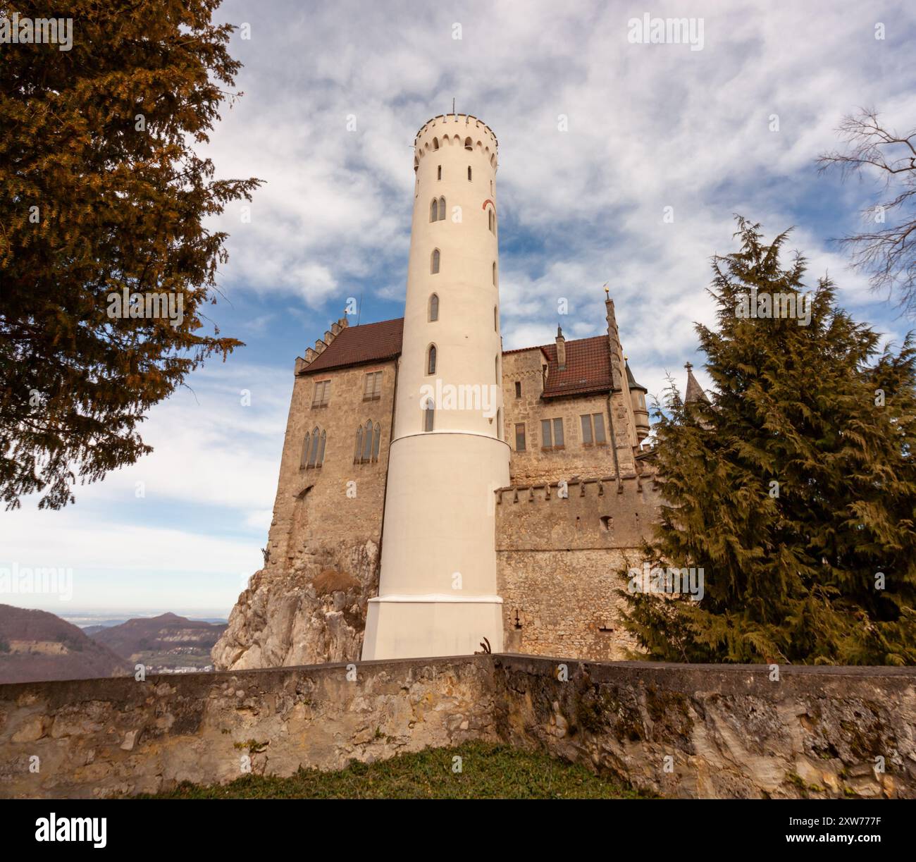 Romantic Castle Schloss Lichtenstein on the top of mountain. Baden ...