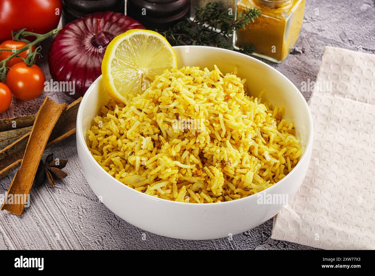 Indian vegan cuisine lemon basmati rice Stock Photo - Alamy