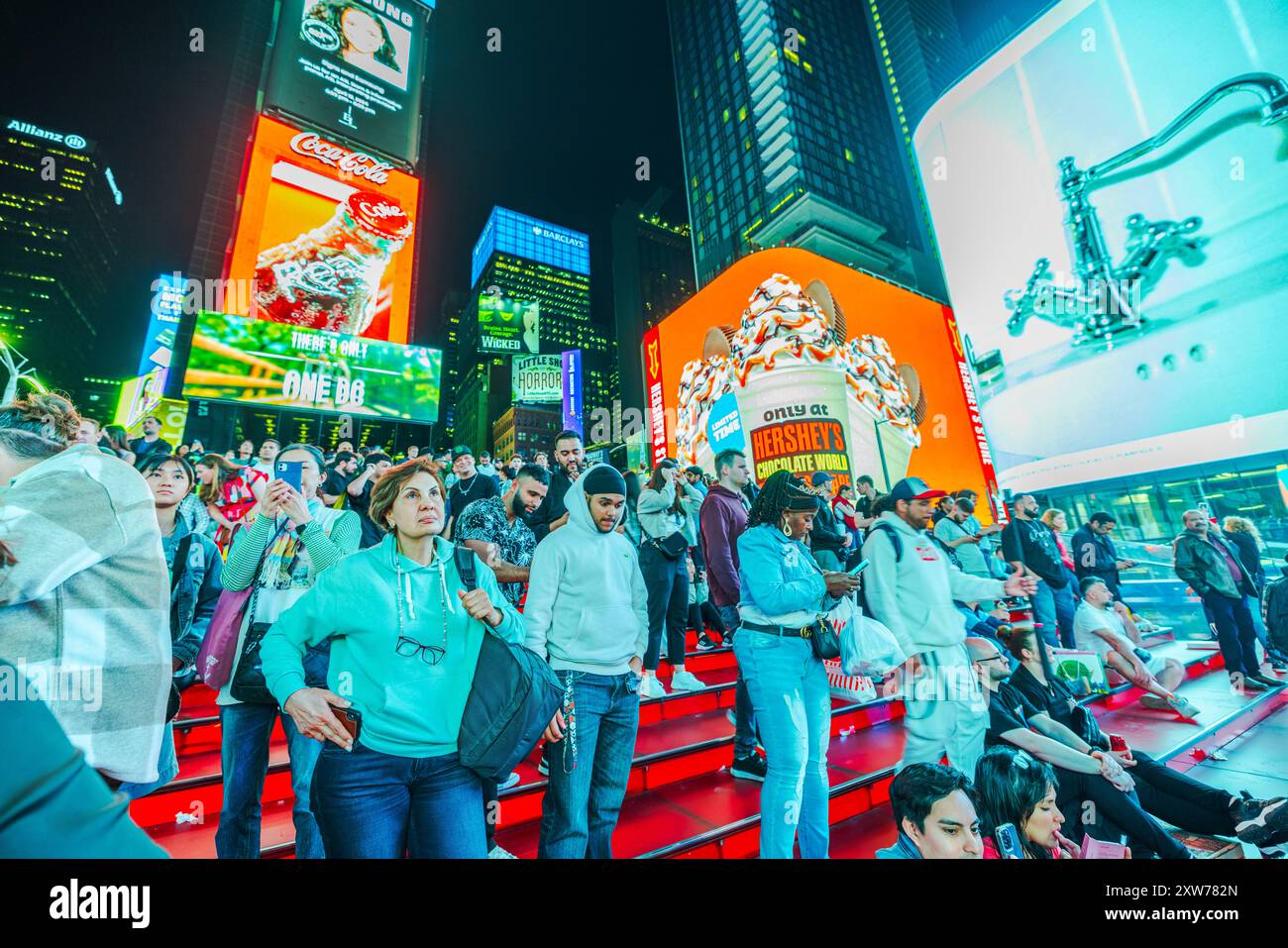 People on iconic Red Steps at Times Square, Enjoying Nightlife with LED ...