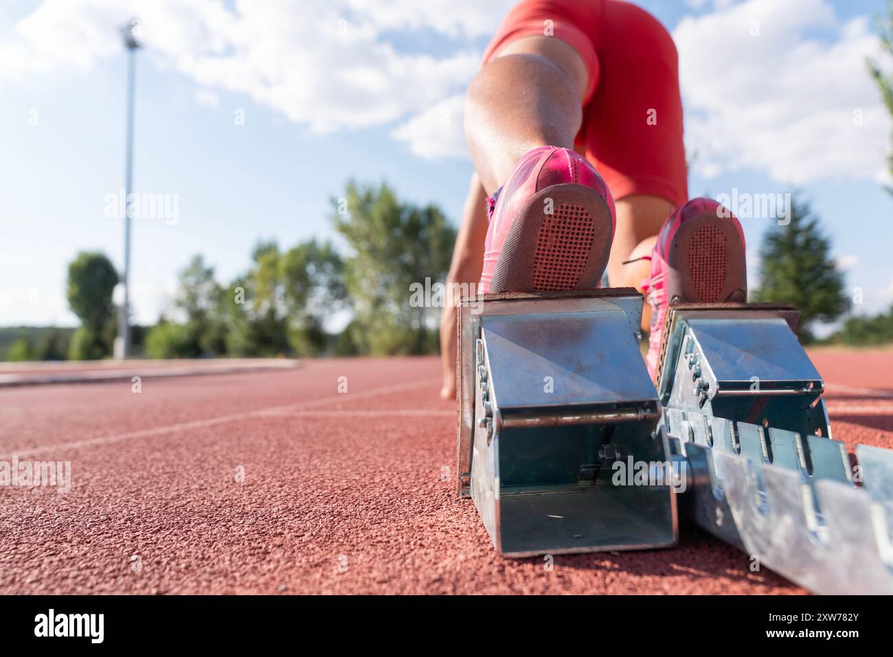 Stadium, man running and start block of athlete on a runner and arena ...