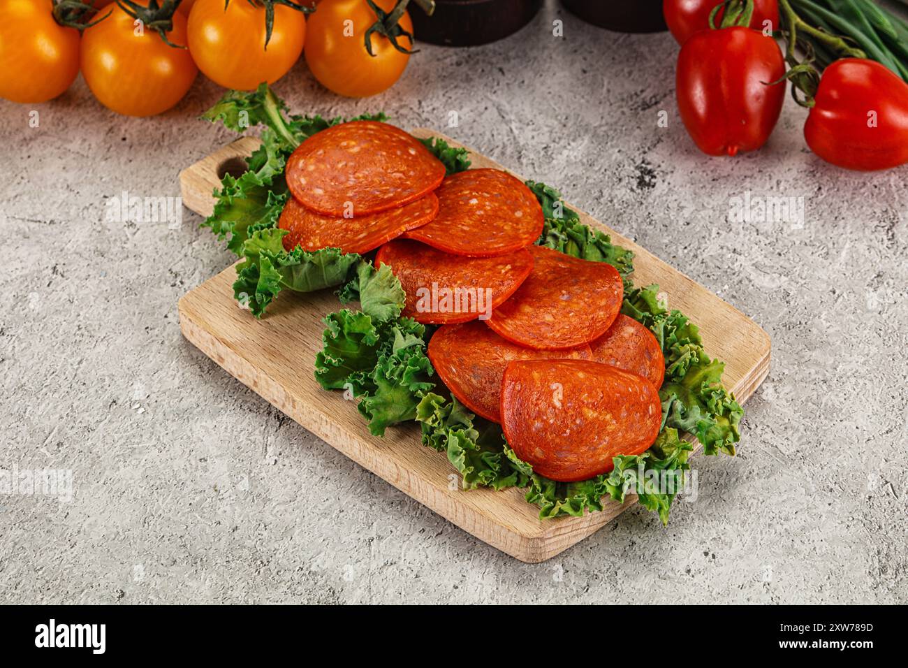Spanish salami cured chorizo sausage slices Stock Photo - Alamy
