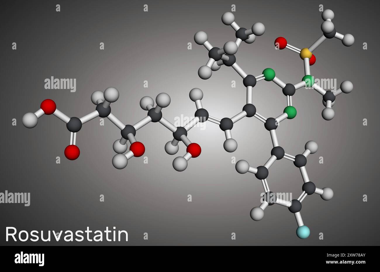 Rosuvastatin molecule. Statin, lipid-lowering drug. Molecular model. 3D ...