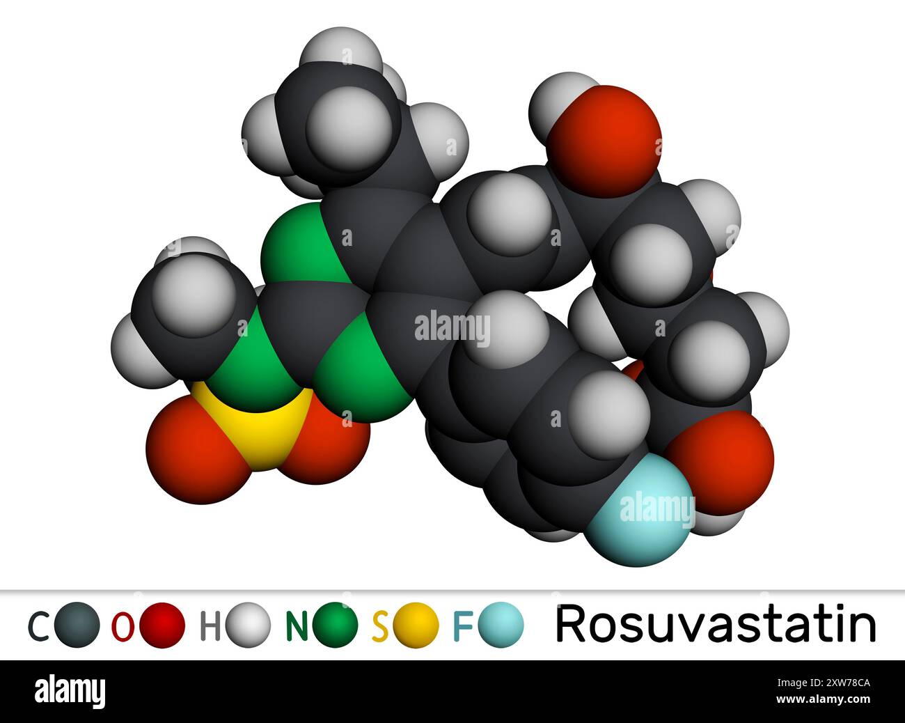 Rosuvastatin molecule. Statin, lipid-lowering drug. Molecular model. 3D rendering. Illustration ...