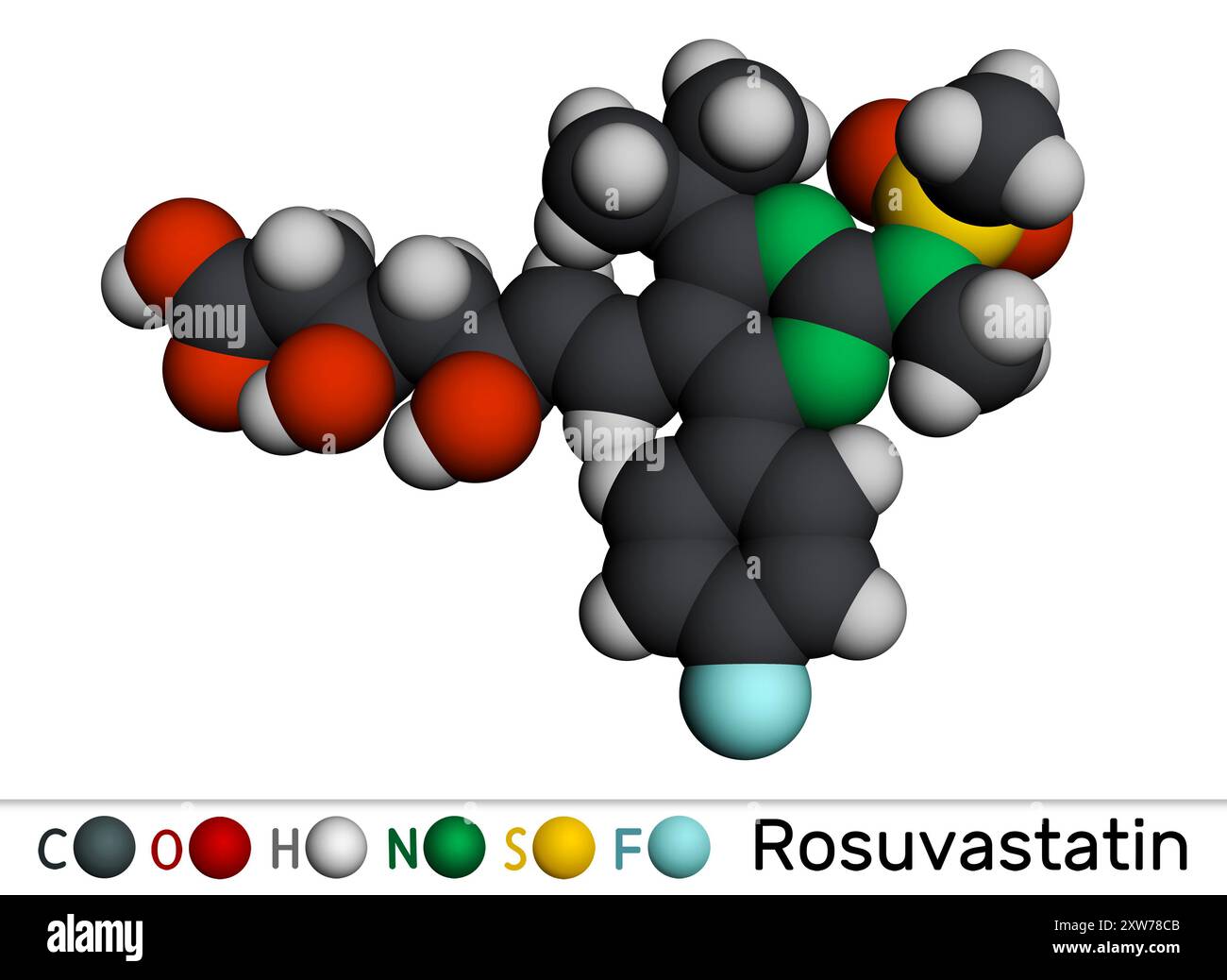 Rosuvastatin molecule. Statin, lipid-lowering drug. Molecular model. 3D ...