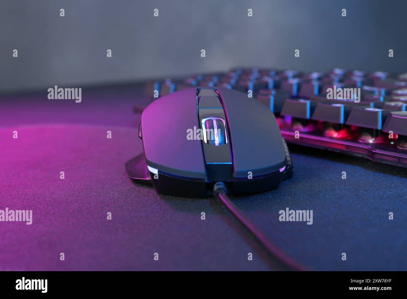 Computer mouse and RGB keyboard in neon lights on dark background ...