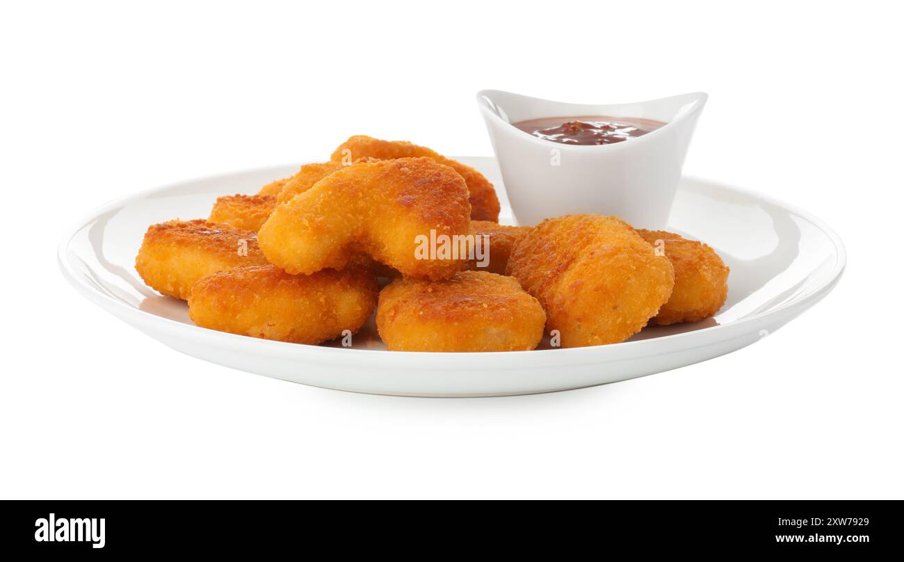 Tasty chicken nuggets with chili sauce isolated on white Stock Photo ...