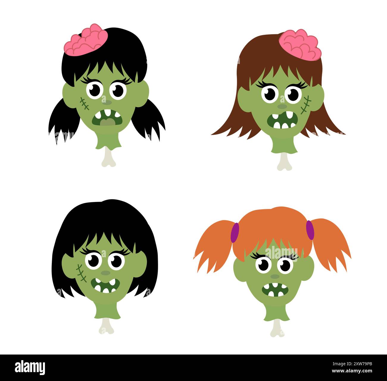 Collection of zombie girls heads on bone. Halloween Set. Cartoon Flat ...