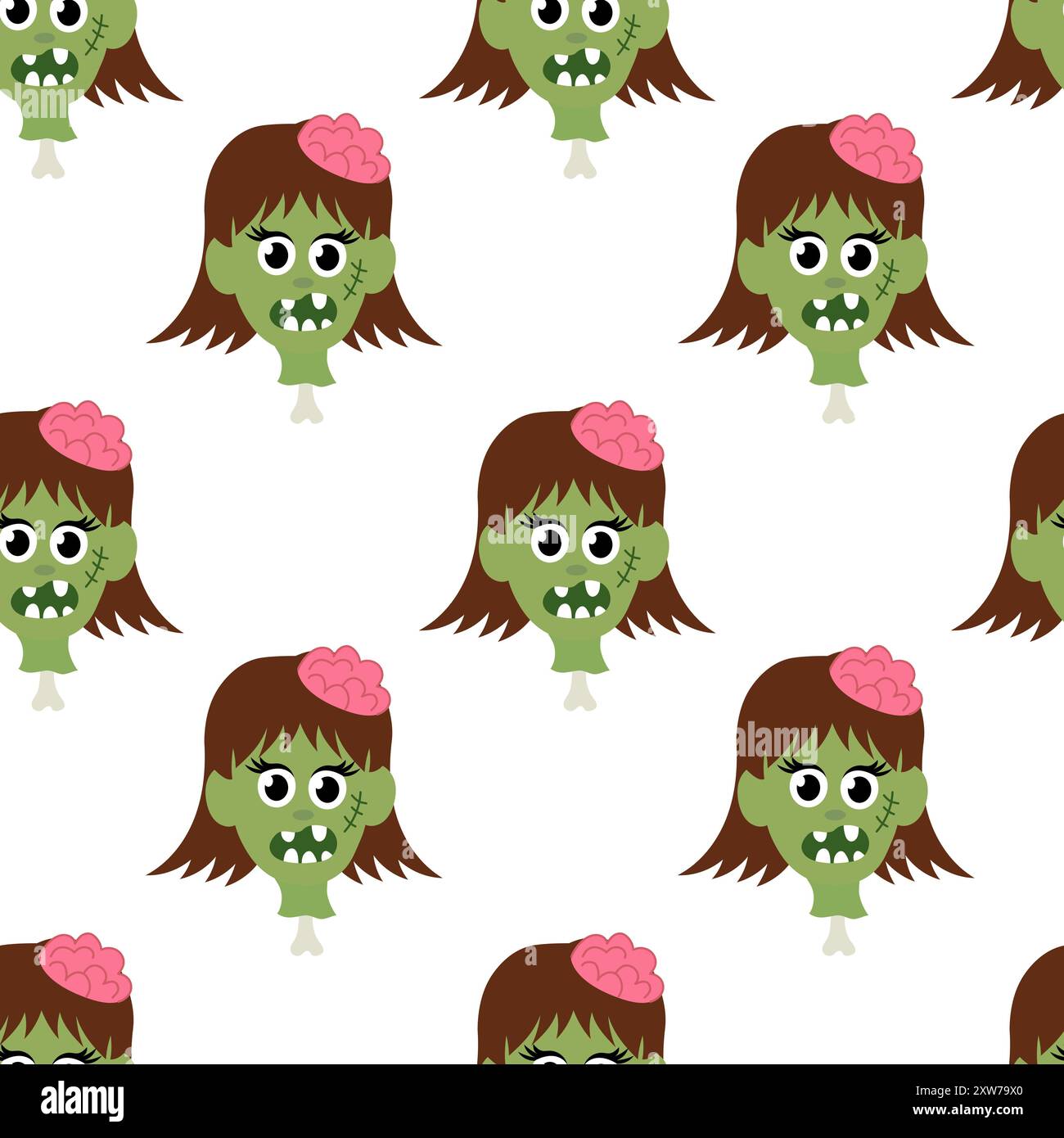 Seamless pattern with Zombie girl head on bone. Halloween Cartoon Flat ...