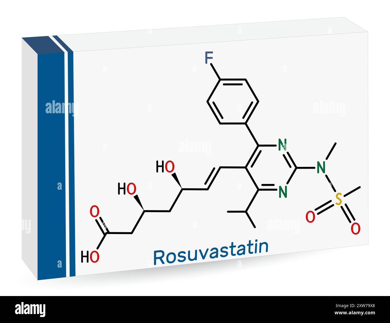 Rosuvastatin molecule. Statin, lipid-lowering drug. Skeletal chemical formula. Paper packaging ...