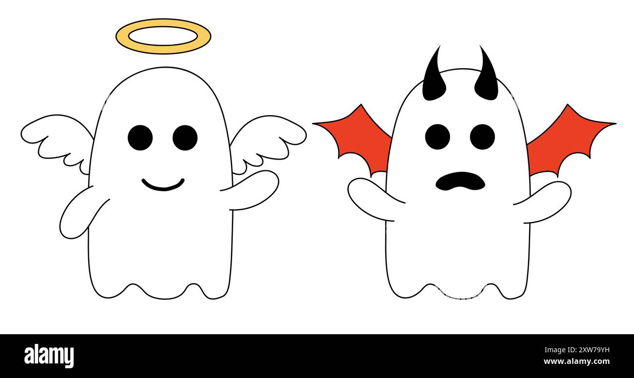 Cute Halloween ghosts in costumes. Angel and Demon. Holidays characters ...