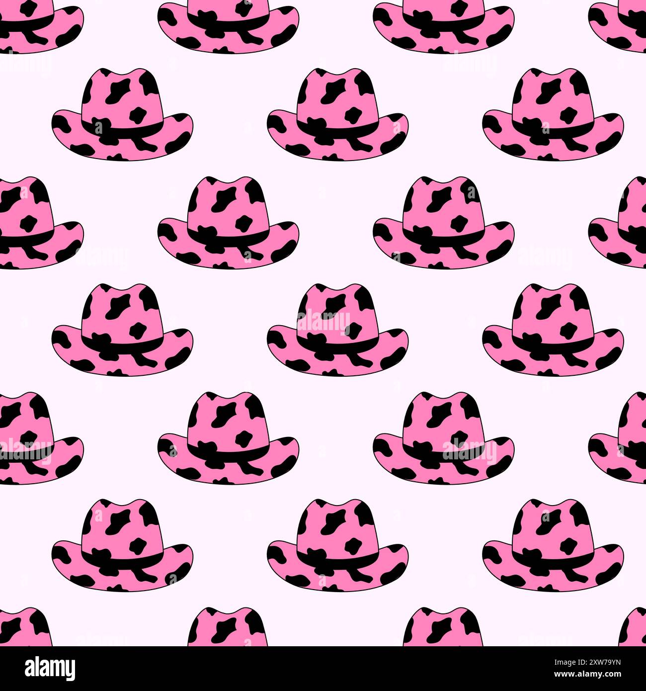 Seamless Pattern with retro Cowgirl pink hat. Cow print. Western and ...