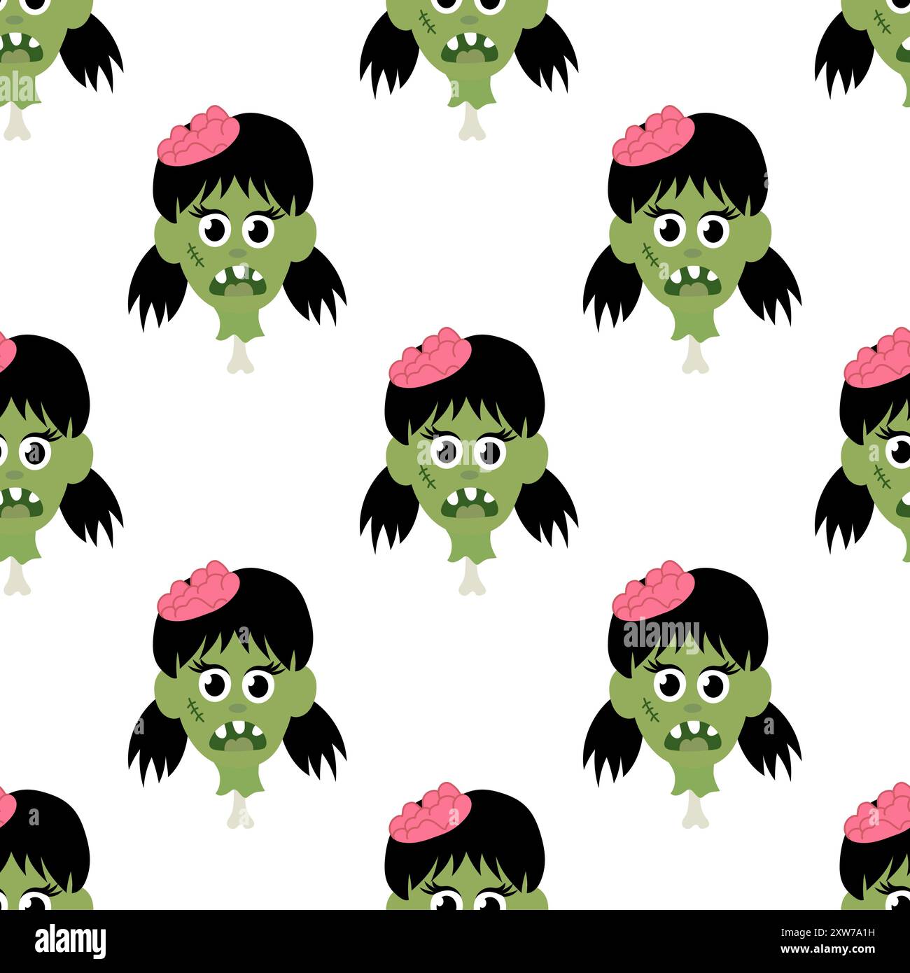 Seamless pattern with Zombie girl head on bone. Halloween Cartoon Flat ...
