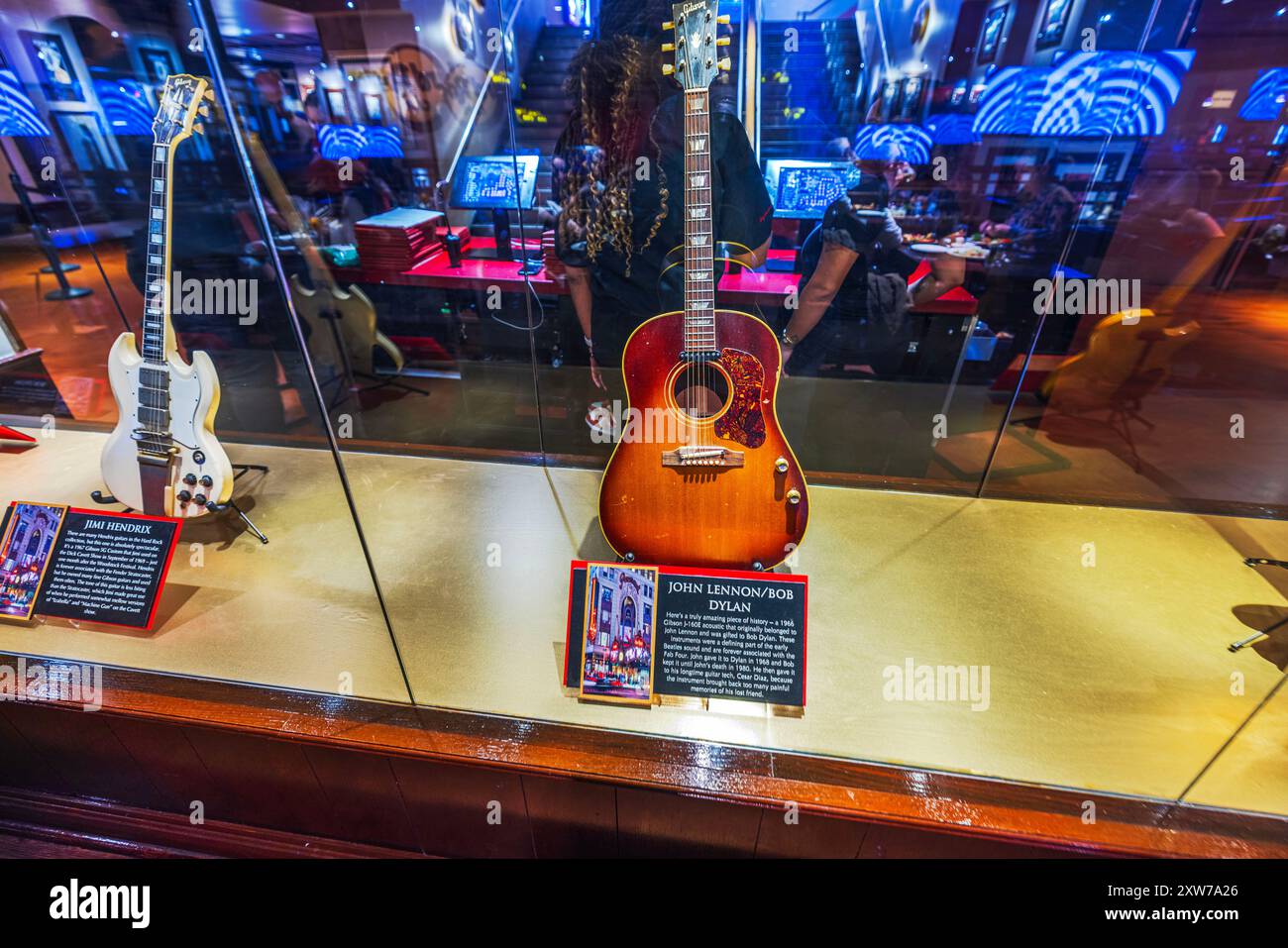Guitars displayed at Hard Rock Cafe in Manhattan: one belonging to John ...