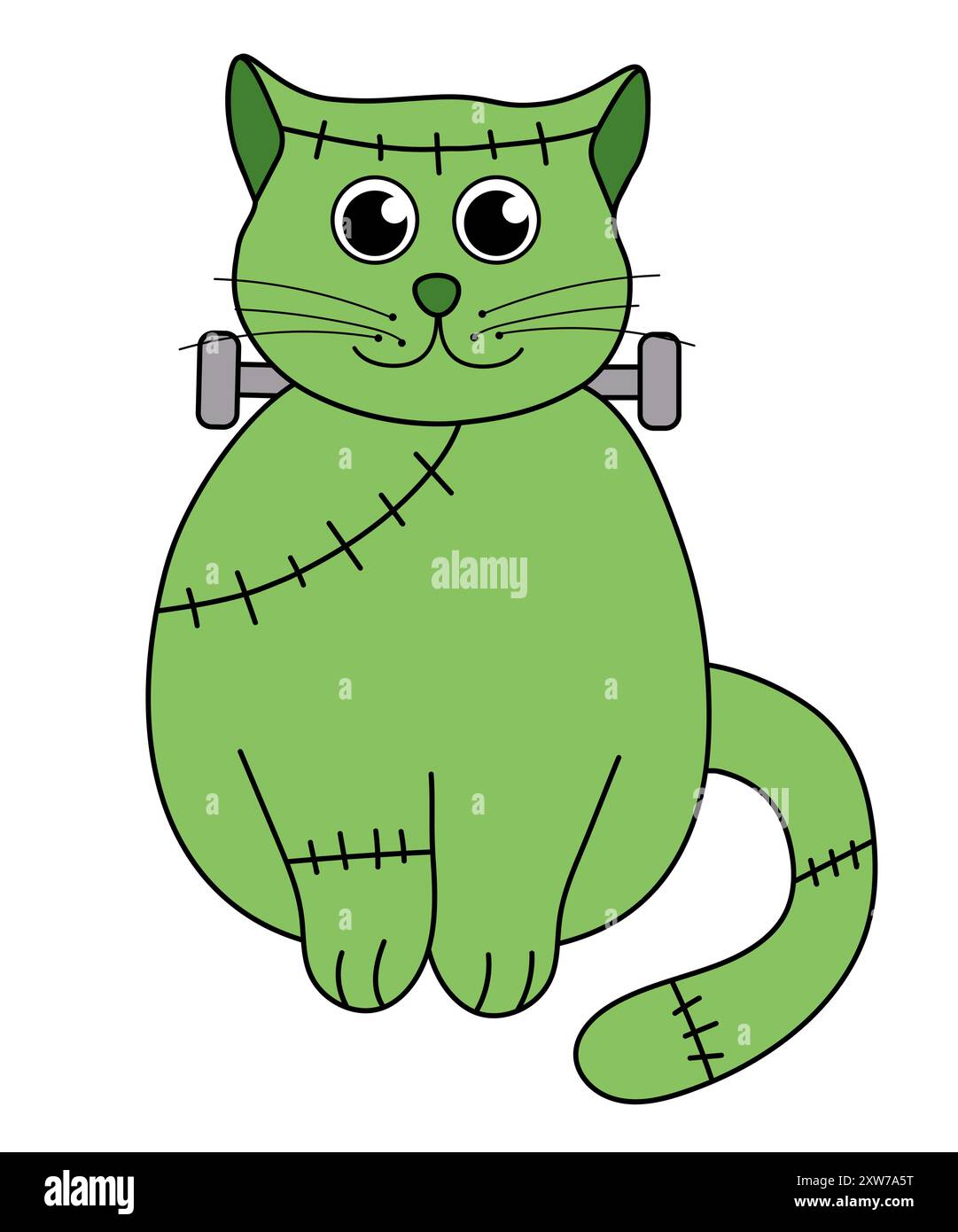 Cute Halloween Cat Frankenstein Vector Flat Illustration Stock Vector