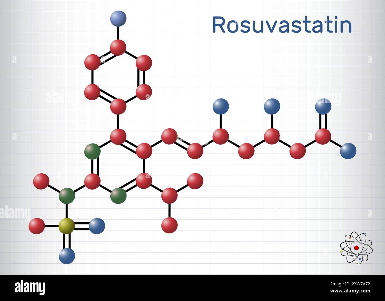 Rosuvastatin molecule. Statin, lipid-lowering drug. Sheet of paper in a ...