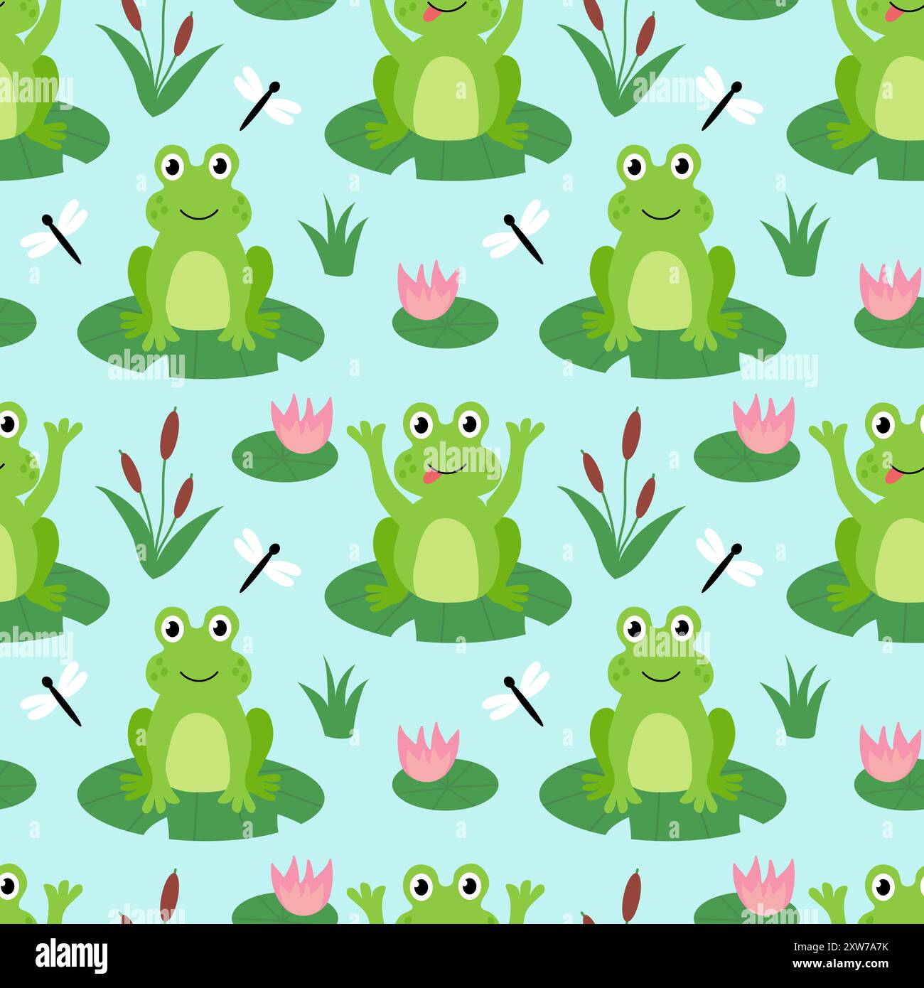Seamless Pattern with cute frogs, dragonfly, water lily, reed on the ...