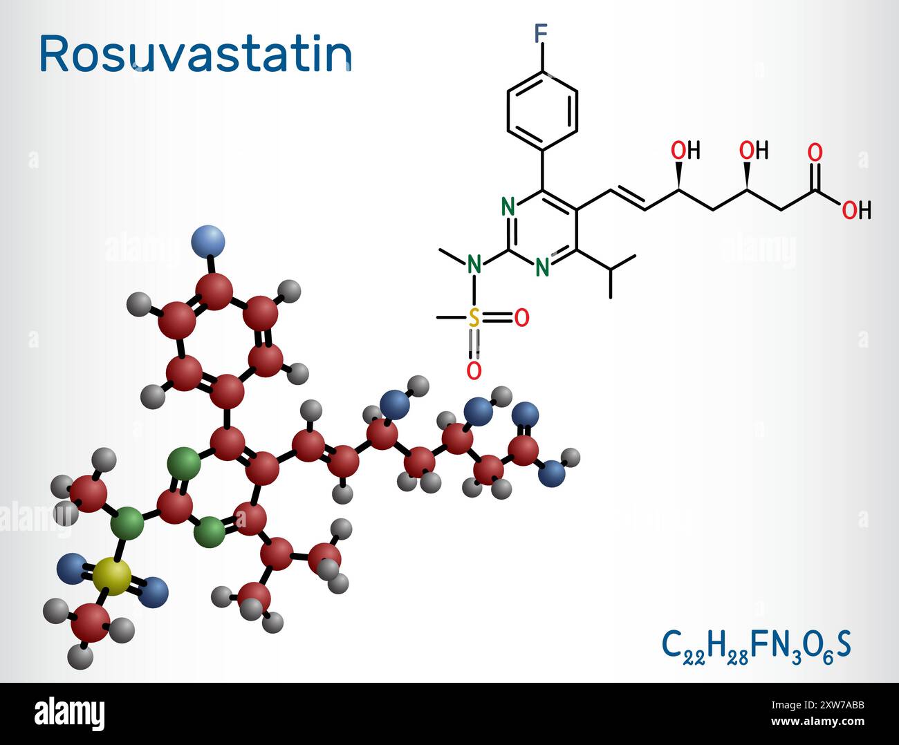 Rosuvastatin molecule. Statin, lipid-lowering drug. Structural chemical formula and molecule ...