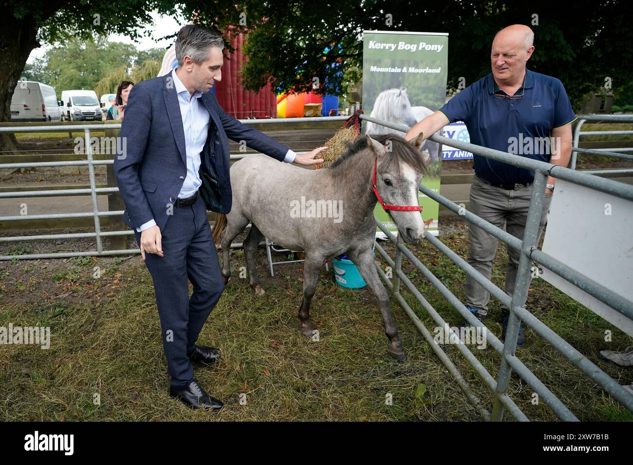 Taoiseach Simon Harris stroking a Kerry Bog pony during a visit to The ...