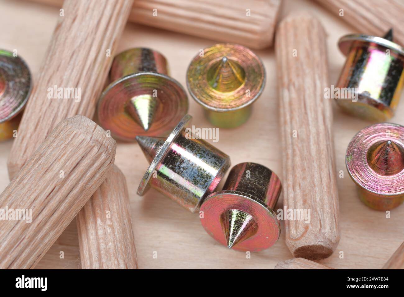 Closeup of wood dowels and dowel pin center point tool. Woodworking ...