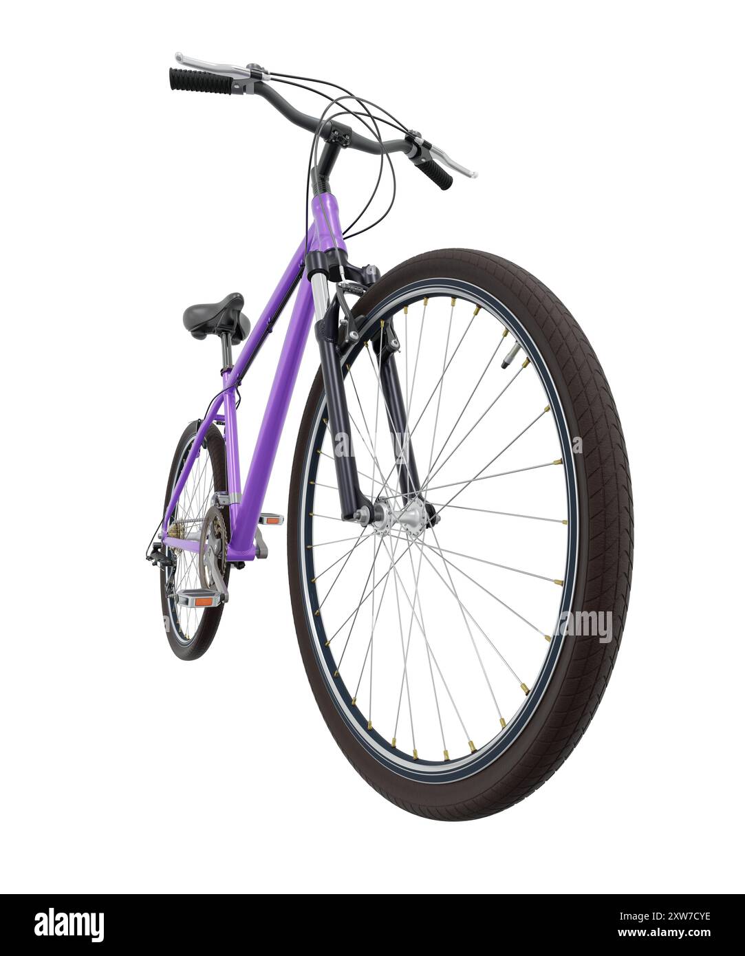 Purple bicycle, front side view with wide angle shot isolated on white ...