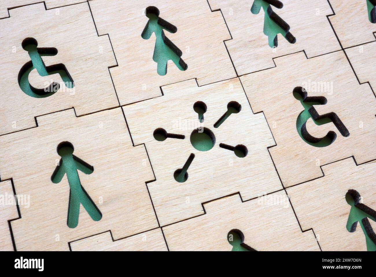 Puzzle with figures, disability person and sign of unity and inclusion ...