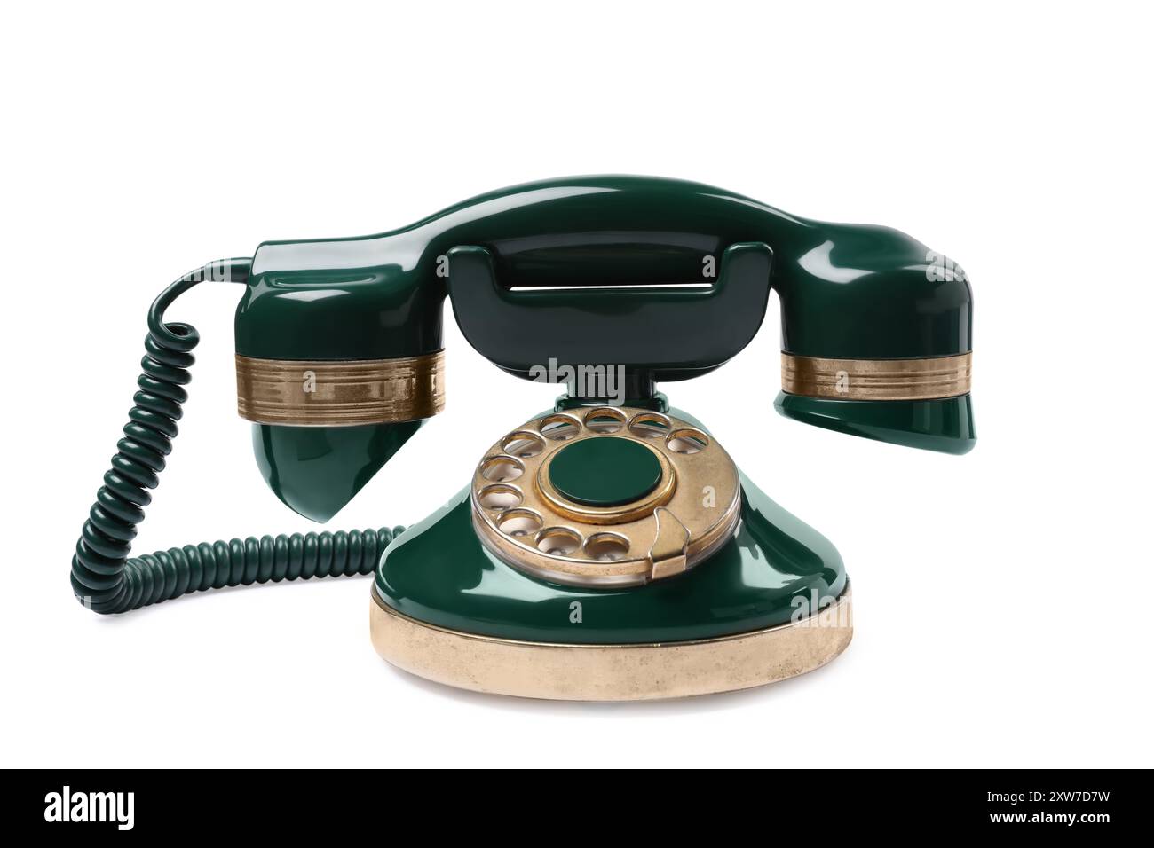 Green vintage corded telephone isolated on white Stock Photo - Alamy