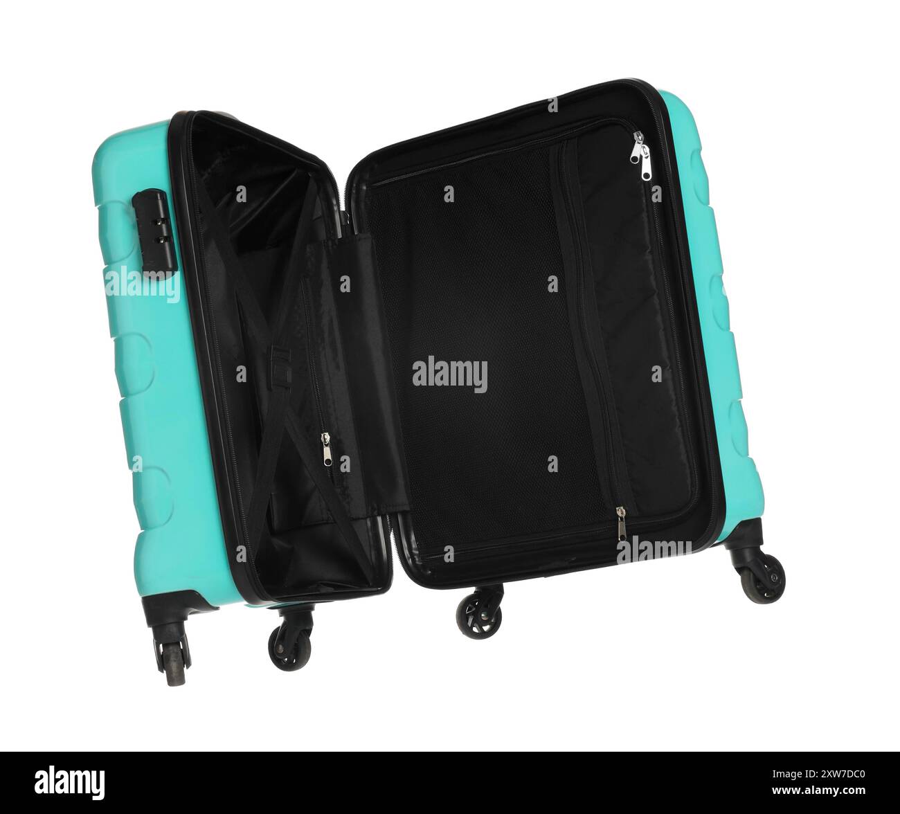 Open empty suitcase for travelling in air isolated on white Stock Photo ...