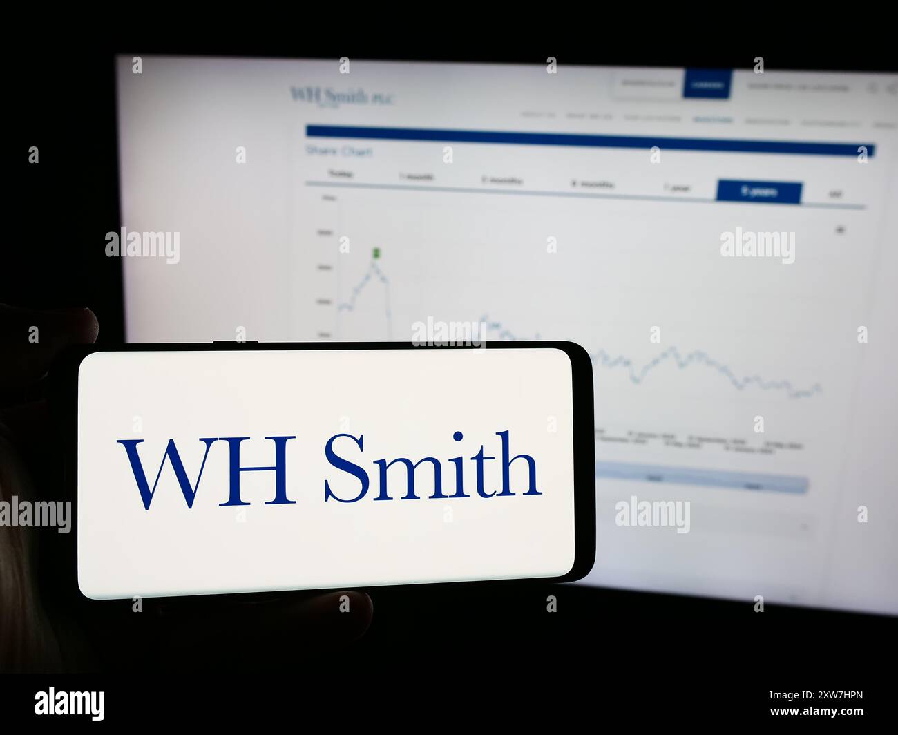 Person holding mobile phone with logo of British retail company WH ...