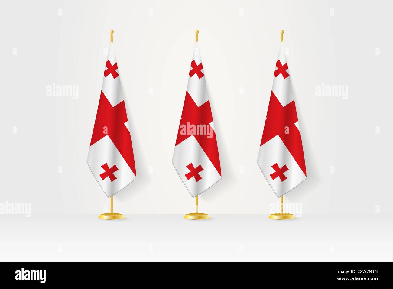 Three Georgia flags in a row on a golden stand, illustration of press ...
