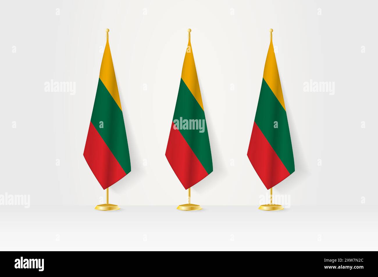 Three Lithuania flags in a row on a golden stand, illustration of press ...
