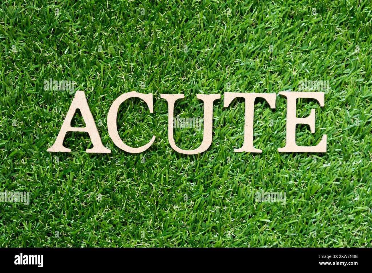 Wood alphabet letter in word acute on artificial green grass background ...