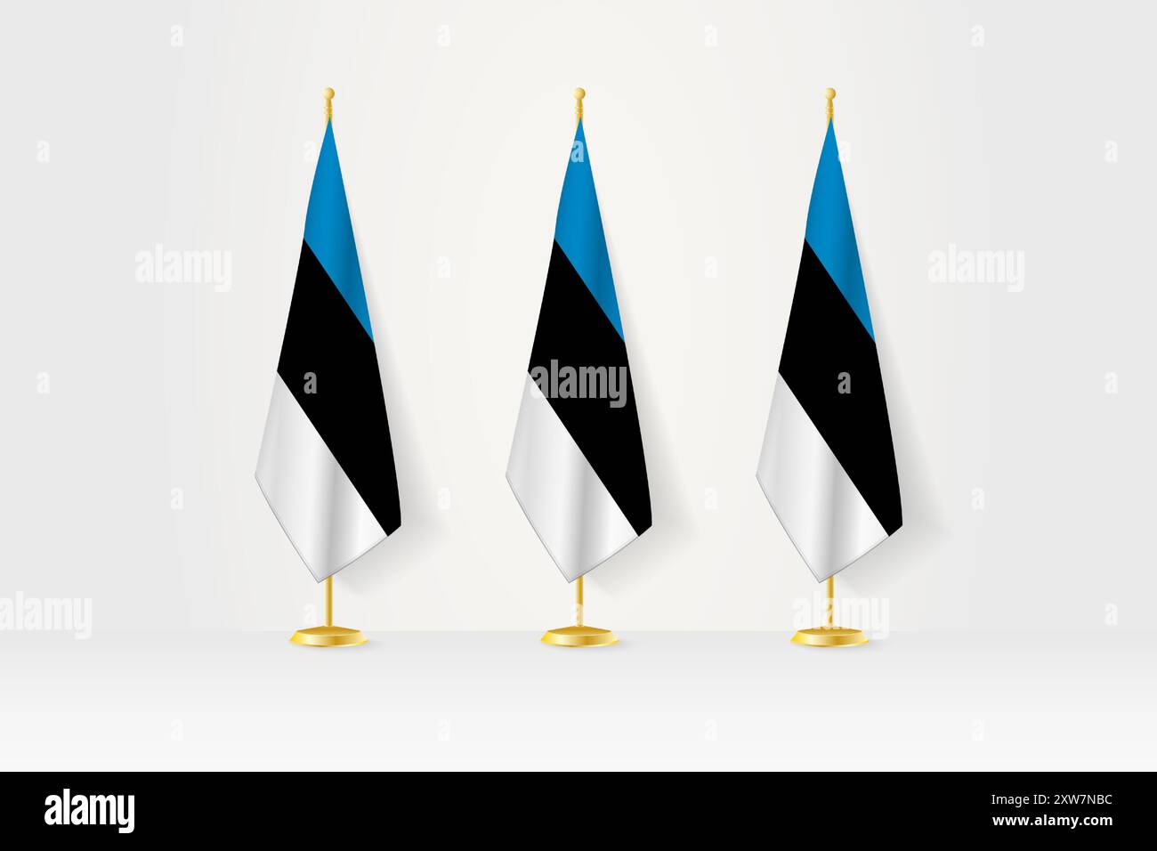 Three Estonia flags in a row on a golden stand, illustration of press ...