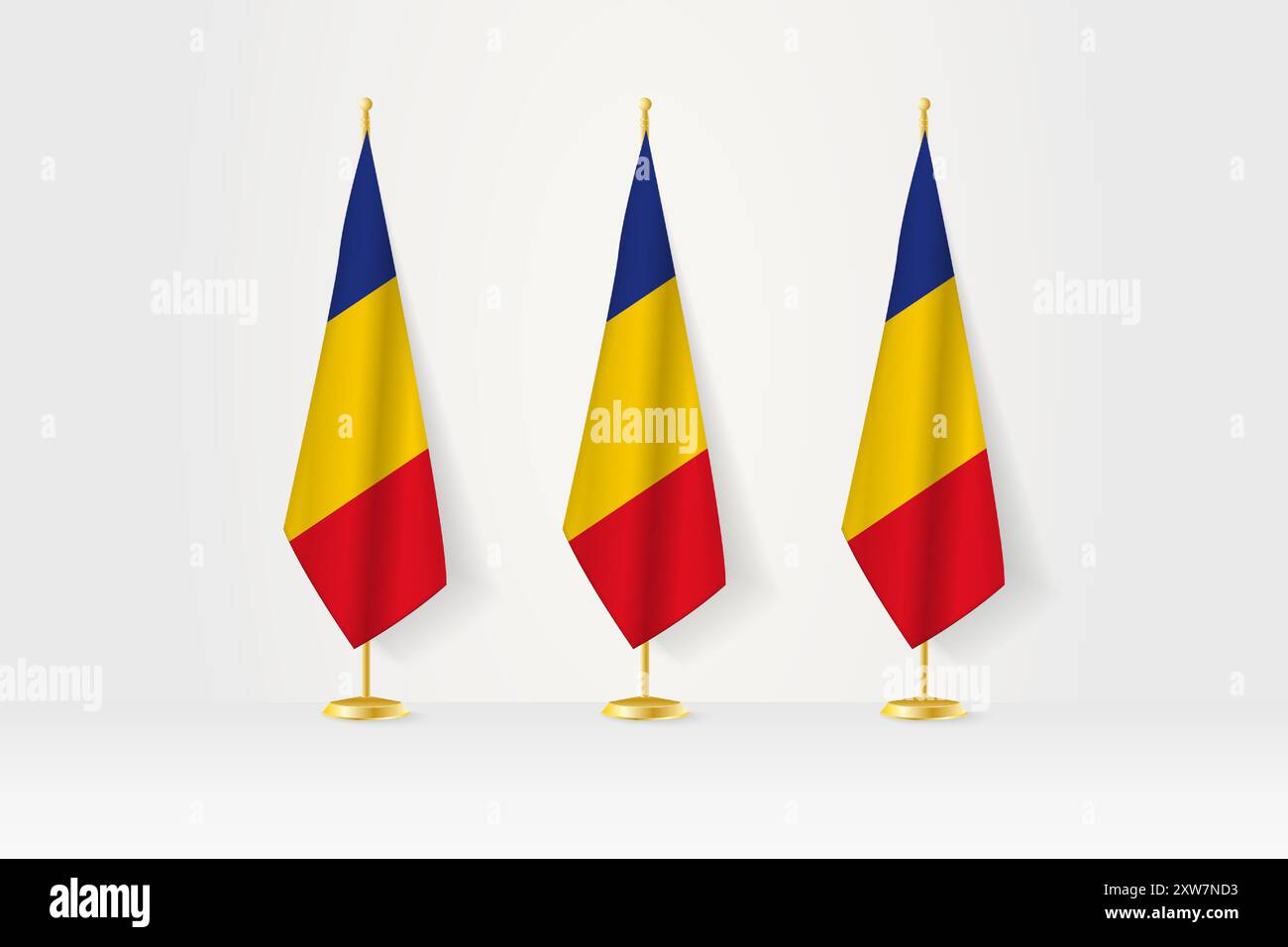 Three Romania flags in a row on a golden stand, illustration of press ...