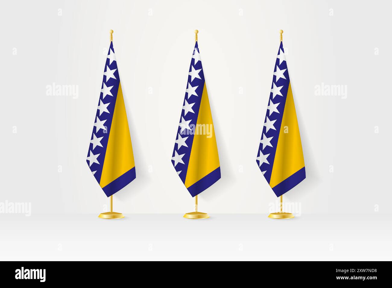 Three Bosnia and Herzegovina flags in a row on a golden stand ...