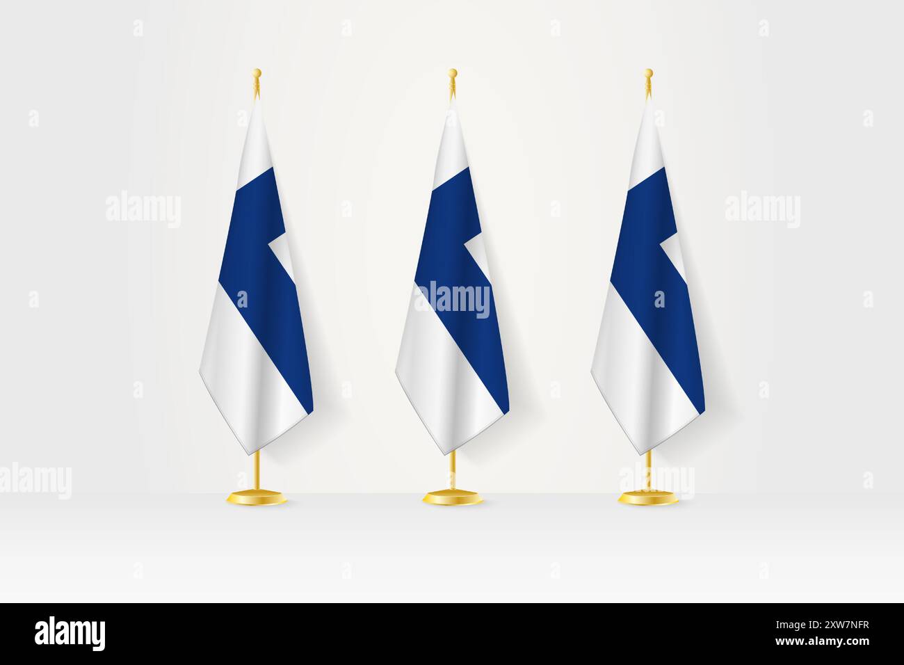 Three Finland flags in a row on a golden stand, illustration of press ...