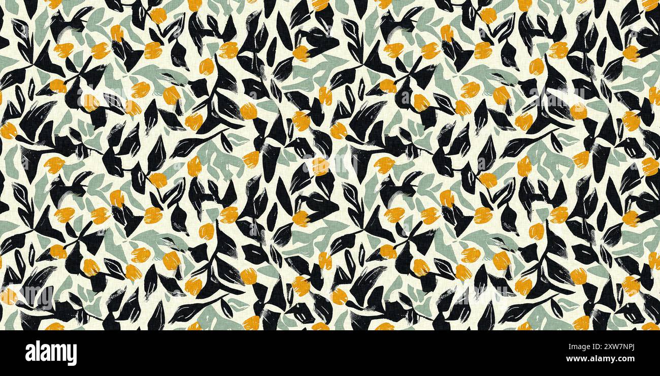 Modern printed fabric flower block print pattern with linen texture ...
